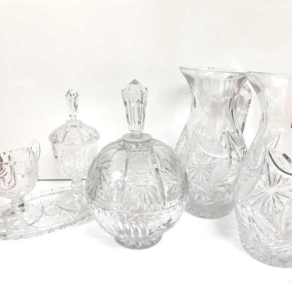 Vintage | Accents | Vintage Cut Glass Pitchers Bowls Tray Candy Dish ...